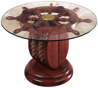 Wooden Wheel and Pulley Table with Glass - Globe Imports