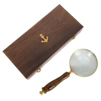 Brass and Wood Magnifying Glass in Box - Globe Imports