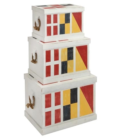 Set of 3 Painted Nautical Trunks - Globe Imports
