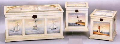 Set of 3 Painted Nautical Trunks - Globe Imports
