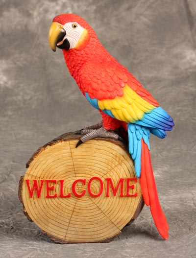 Polyresin Red Parrot on Welcome Log - Globe Imports