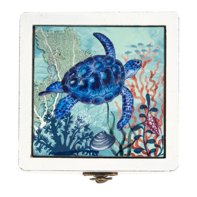 Wood & Ceramic Sea Turtle Box - Globe Imports