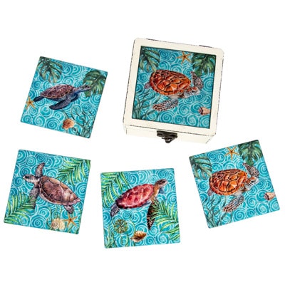 Square Sea Turtles Coaster Set - Globe Imports